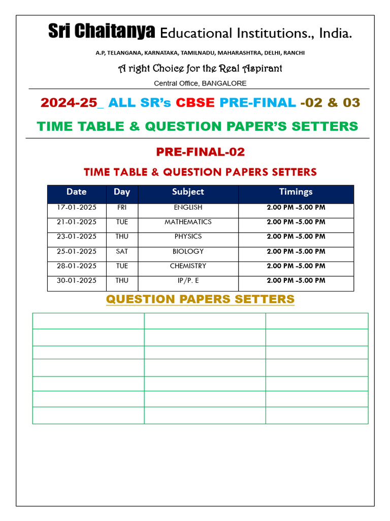 2024-25 CBSE Pre-Final Exam Timetable | PDF | Educational Institutions ...
