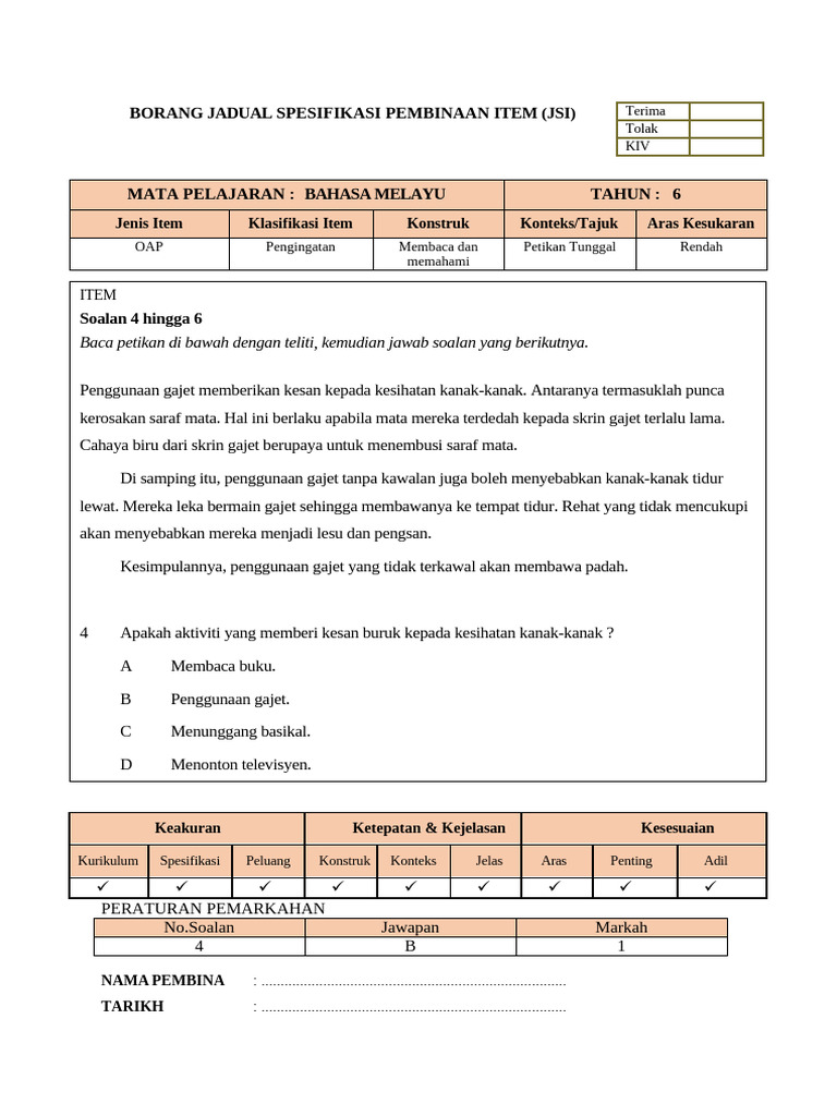 Borang Jadual Spesifikasi Item Jsi Tahun 6 | PDF