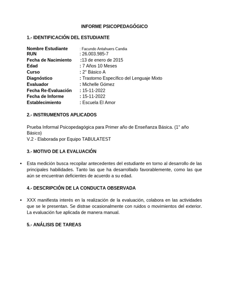 Informe Psicopedagógico Ejemplo | PDF | Aprendizaje | Salón de clases