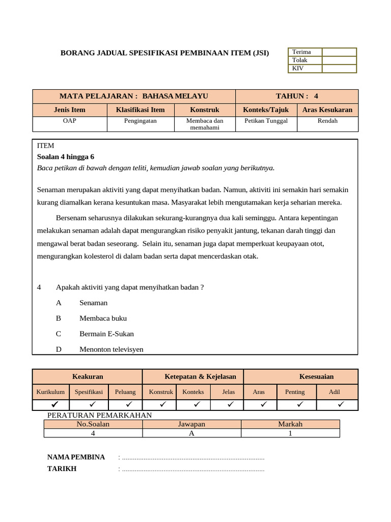 Borang Jadual Spesifikasi Item Jsi Tahun 4 | PDF