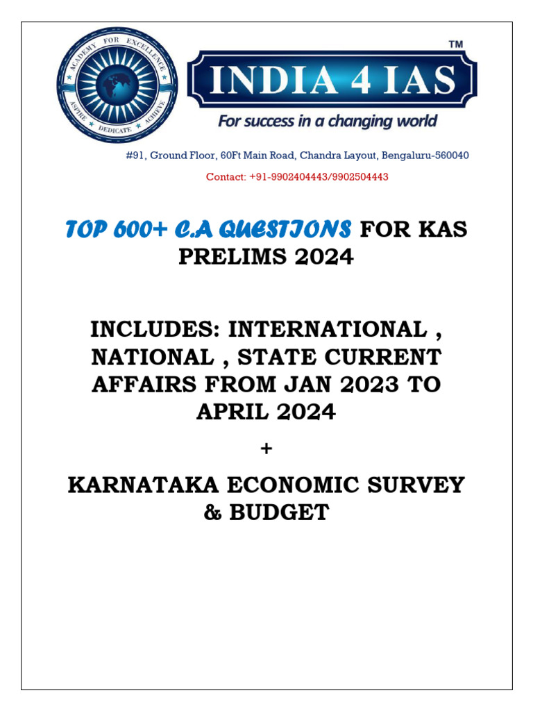 Top 600+ CA Questions For Kas Prelims 2024 (Eng) | PDF | Cost Of Living | World Economic Forum