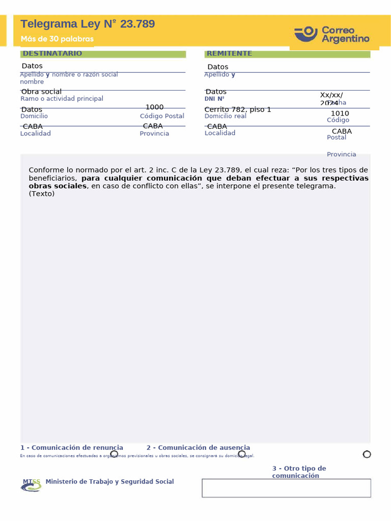 Modelo de Telegrama Ley 23.789 | PDF | Industrias de servicio