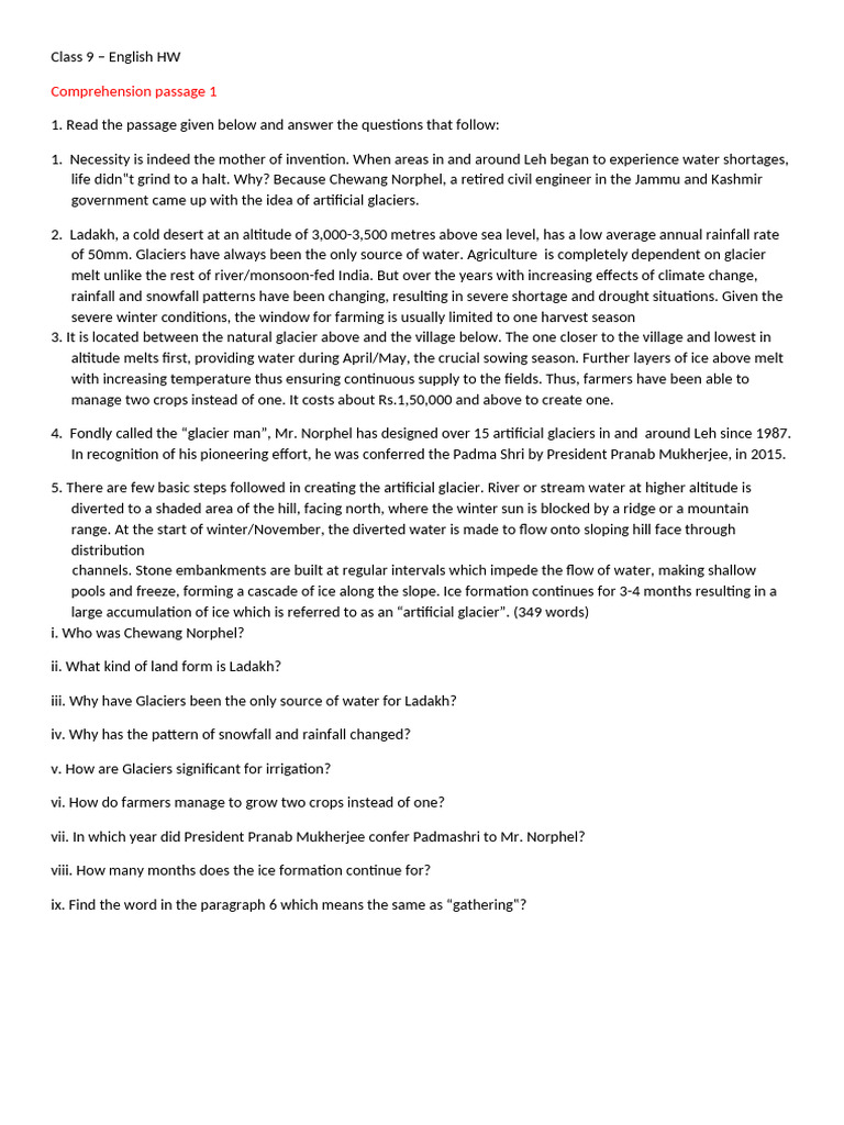 CLASS IX Comprehension Passages | PDF | Glacier | Water