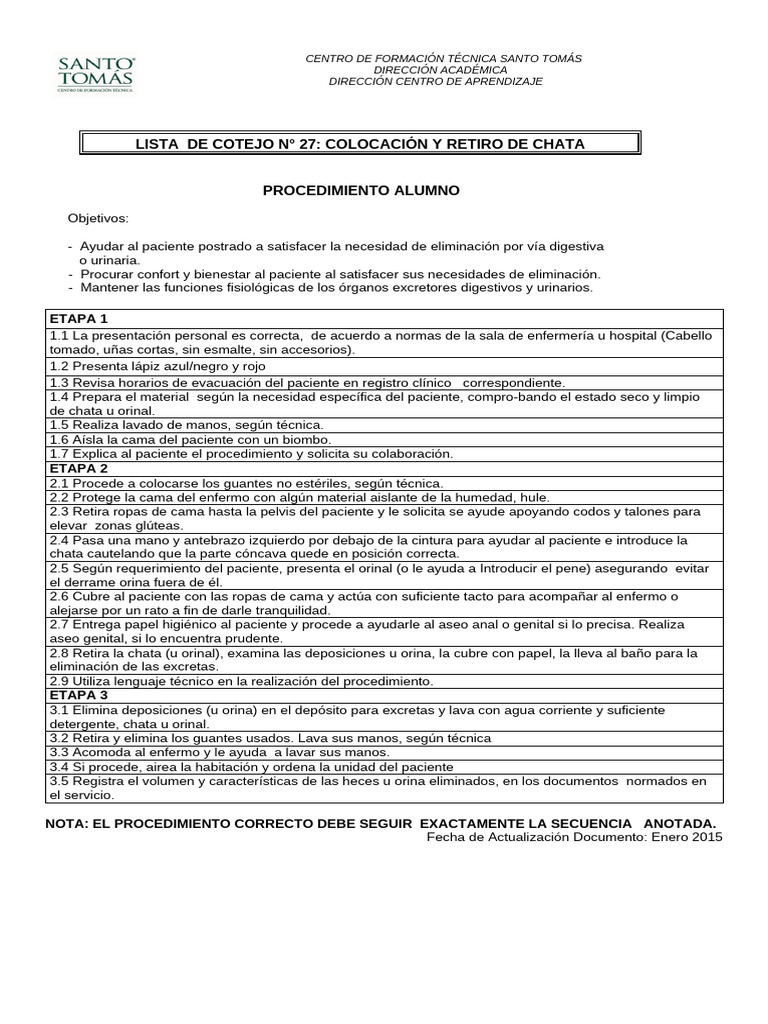 Lista de CotejoColocaciÃ N y Retiro de Chata | PDF | Saneamiento | Higiene