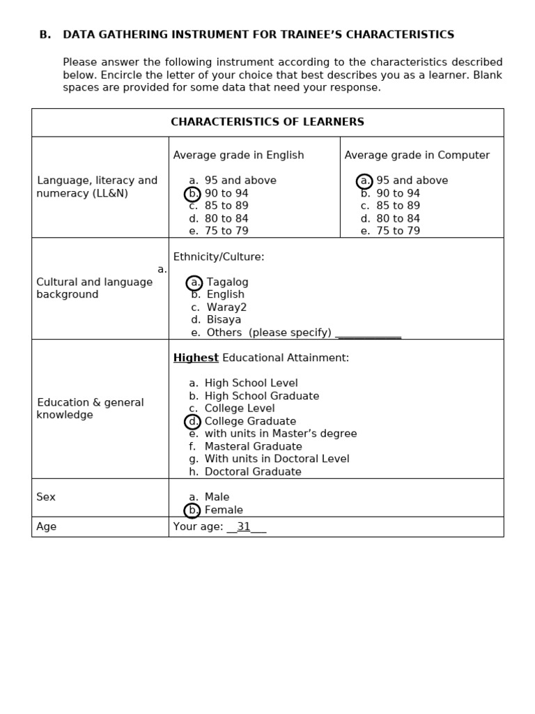 Data Gathering Instrument Sample | PDF | Learning Styles | Learning
