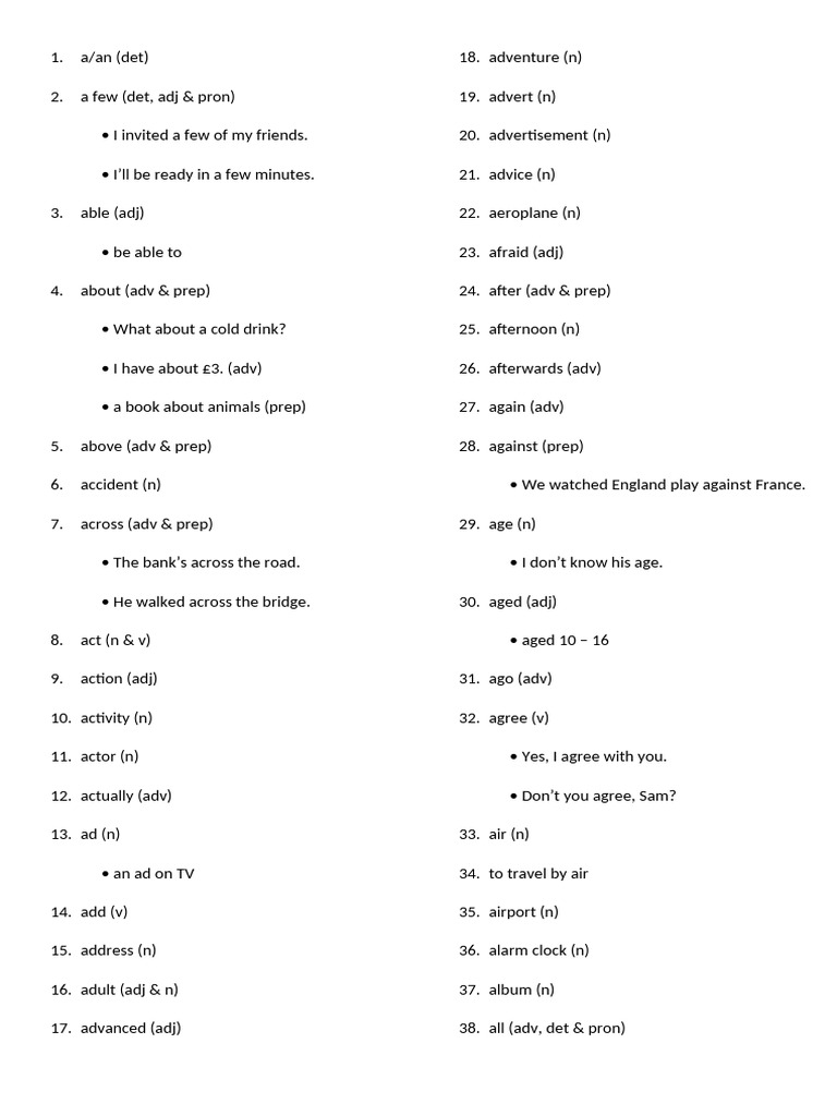 A2 Preliminary Word List - A | PDF
