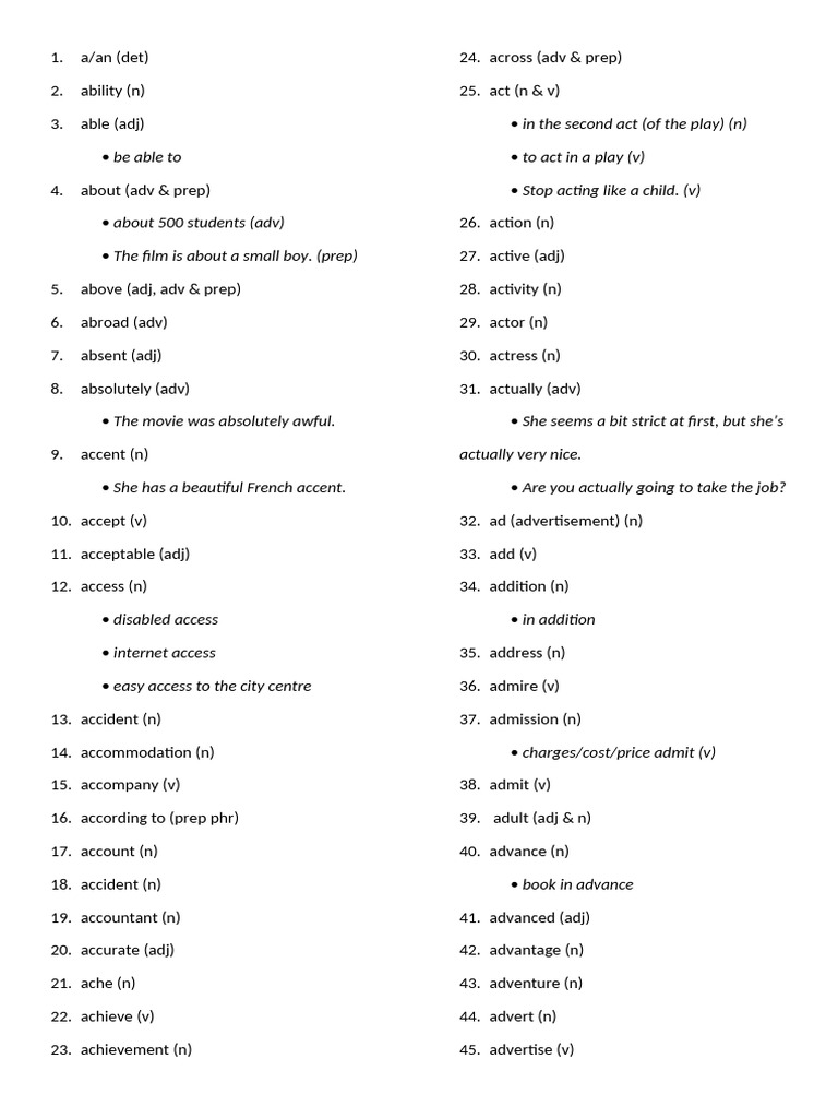 B1 Preliminary Word List - A | PDF