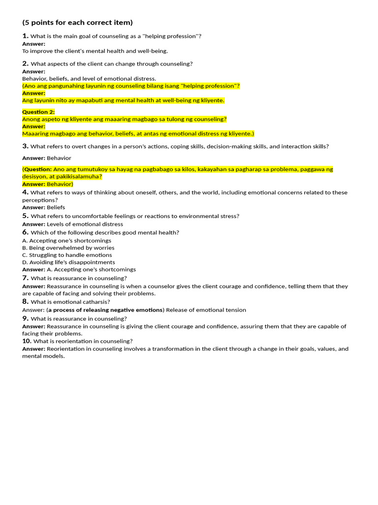 5 Points For Each Correct Item | PDF | Psychotherapy | Health Care