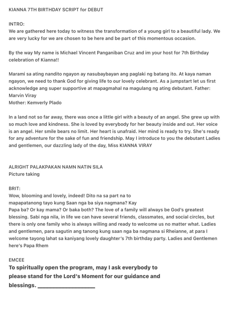 Kianna 7th Birthday Script for Debut | PDF | Birthdays | Divine Grace