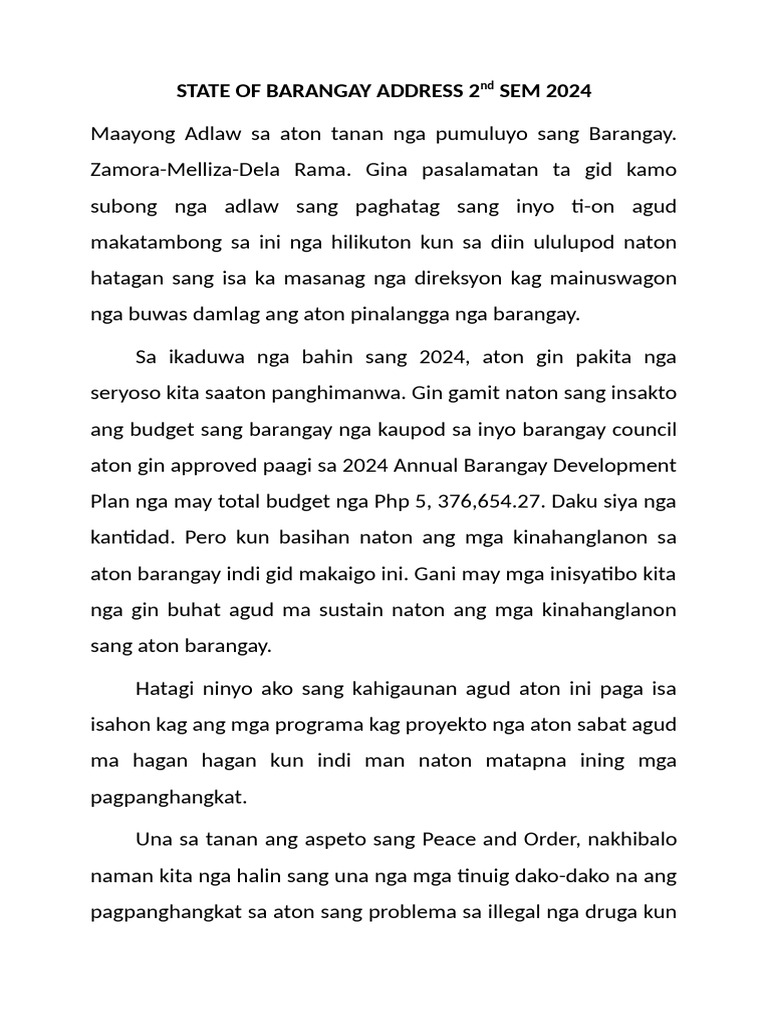 STATE OF BARANGAY ADDRESS 2nd SEM 2024 | PDF