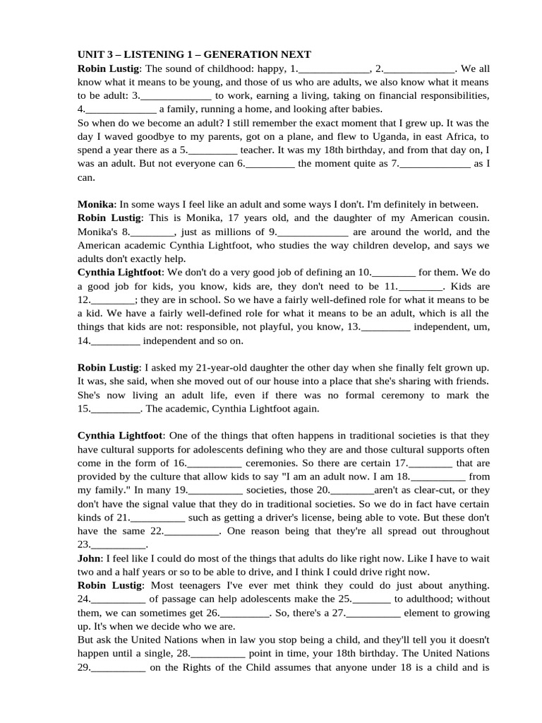 UNIT 3 LISTENING 1 - Elearning | PDF | Adolescence | Adults