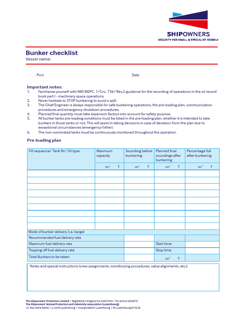 Bunker Checklist 0618 (1) (1) | PDF | Pump | Valve