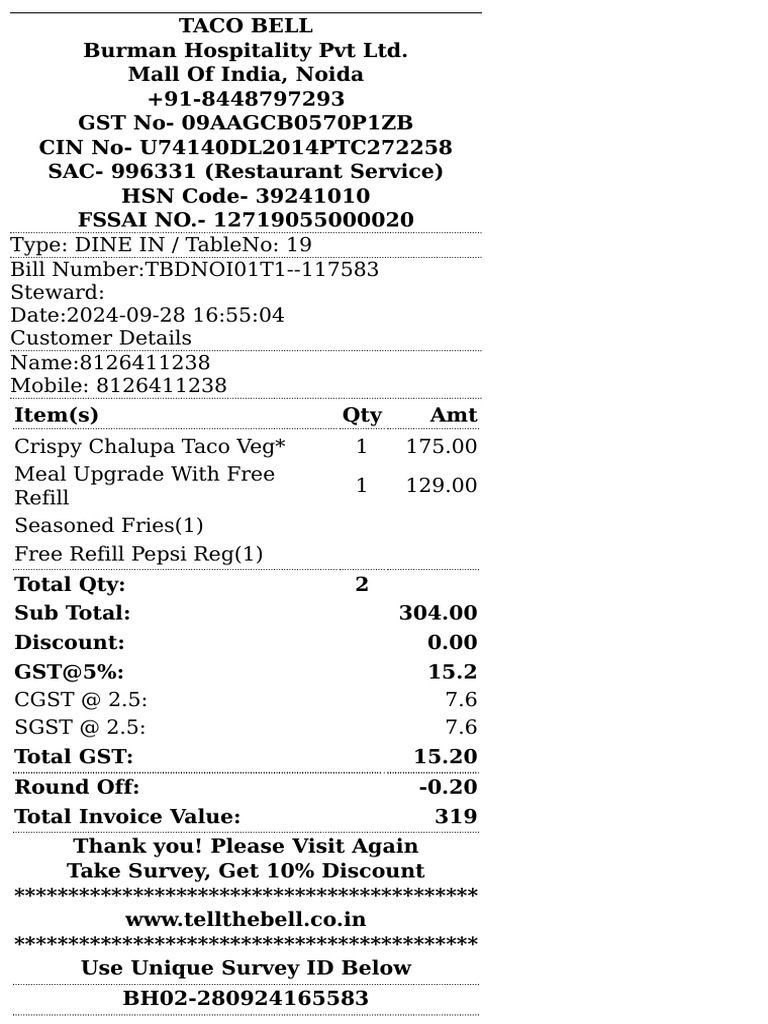 Taco Bell Invoice and Survey Details | PDF