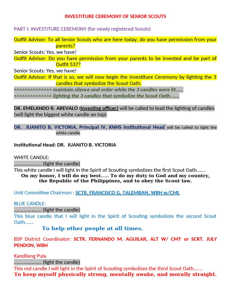 Senior Scouts Investiture Ceremony Script | PDF | Scouting