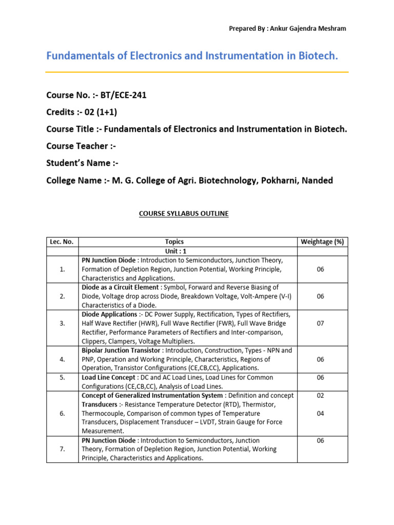Fundamentals of Electronics and Instrumentation in Biotechnology | PDF ...