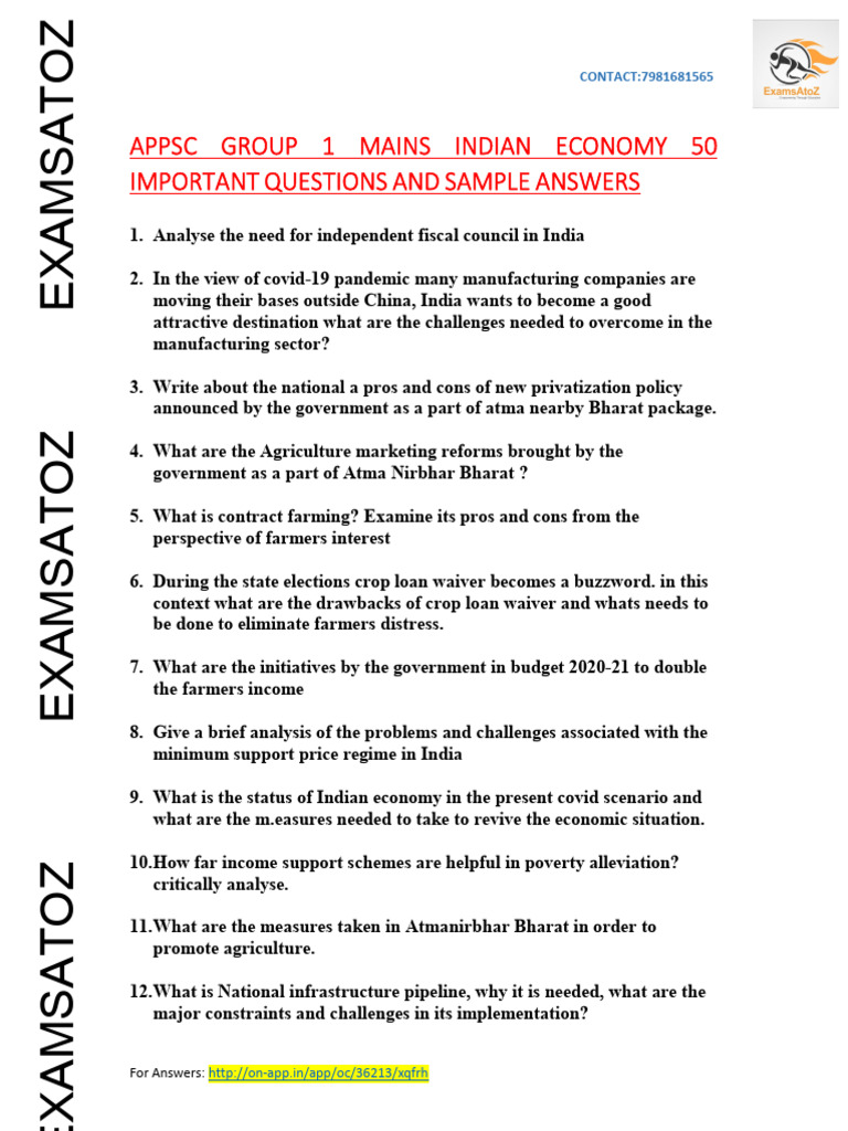 Key Questions on Indian Economy Mains | PDF | Government Budget Balance ...