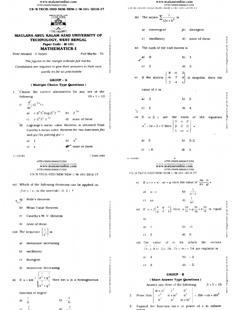 Btech M 101 Mathematics 2017 | PDF