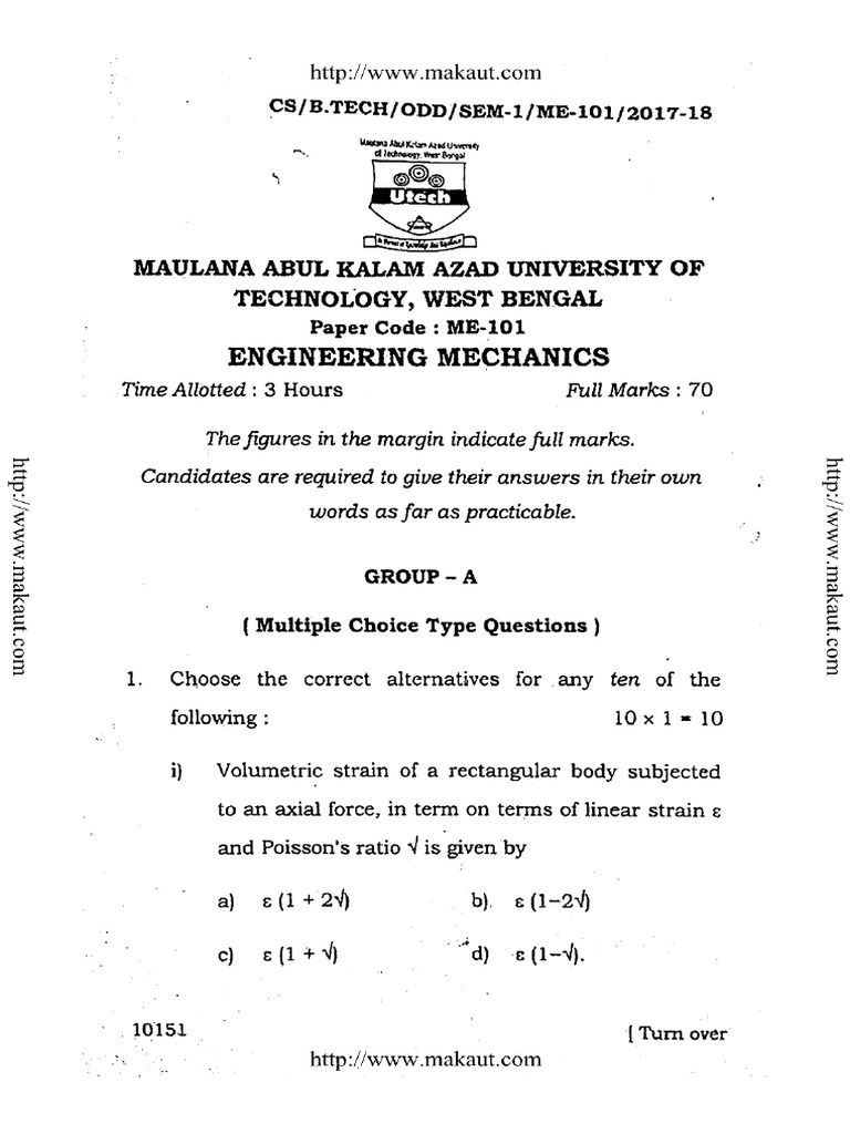 Btech Me 1 Sem Engineering Mechanics Me 101 2018 | PDF