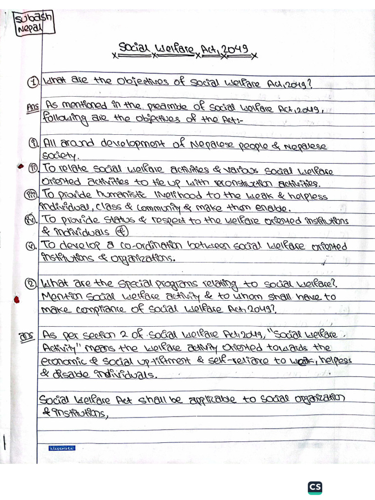 Handwritten Note For Social Welfare Act, 2049 | PDF