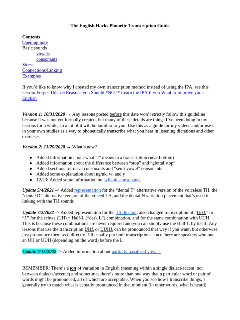 The English Hacks Phonetic Transcription Guide | PDF | Syllable | Consonant