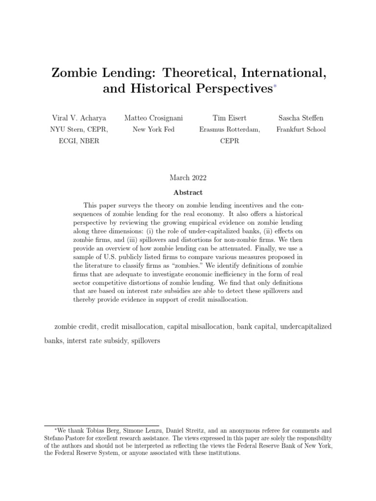 Zombie Lending Theoretical, International, and Historical Perspectives ...
