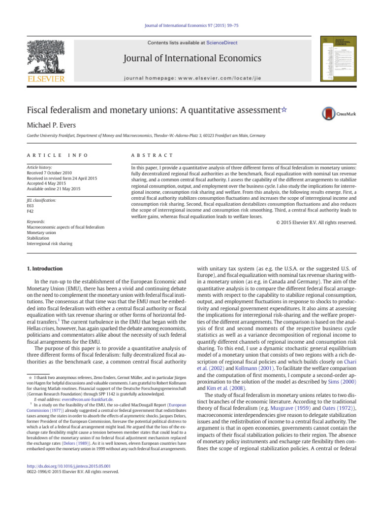 Evers, 2015 - Fiscal Federalism and Monetary Unions A Quantitative ...