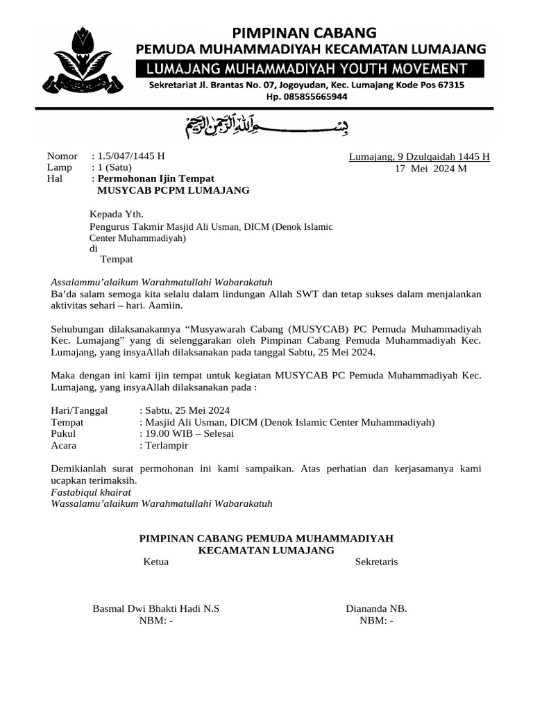 Izin Tempat Musycab PCPM Lumajang | PDF