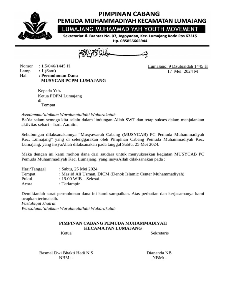 Surat Permohonan Dana PCPM Musycab PCPM Lumajang | PDF
