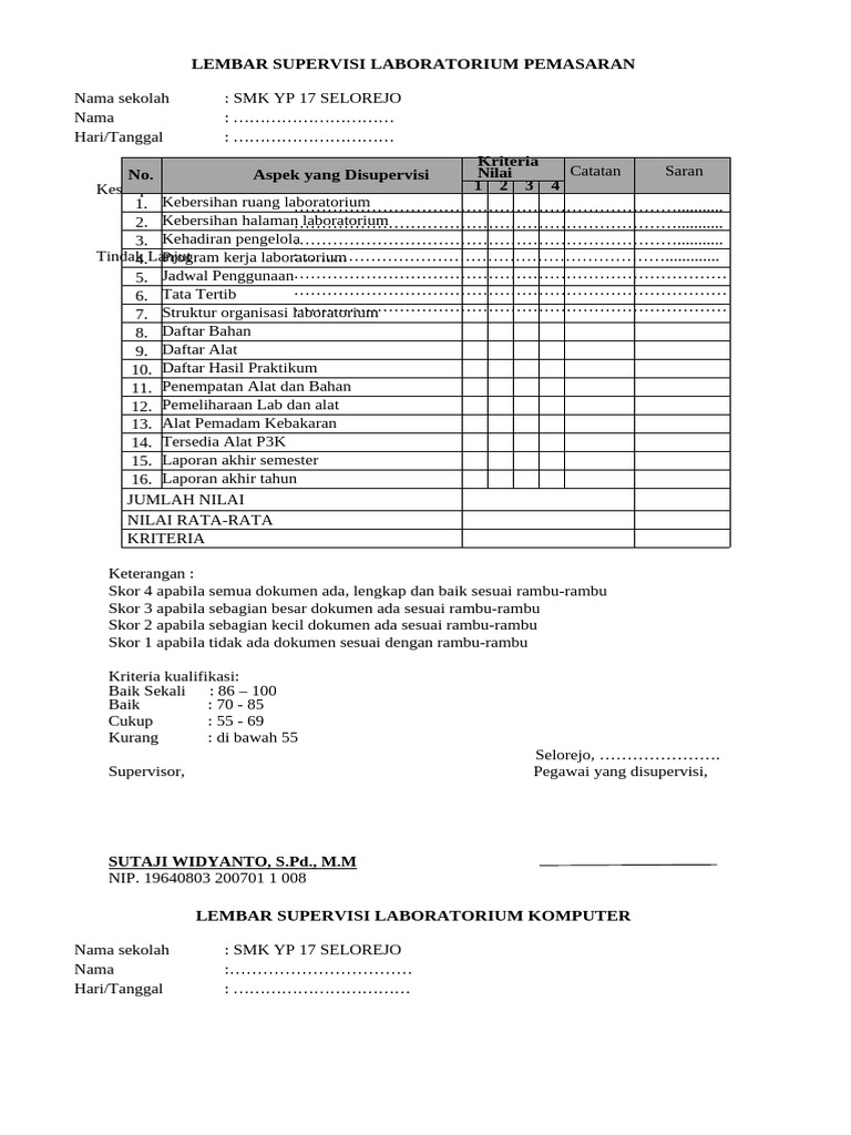 Lembar Supervisi Laboratorium SMK YP 17 | PDF