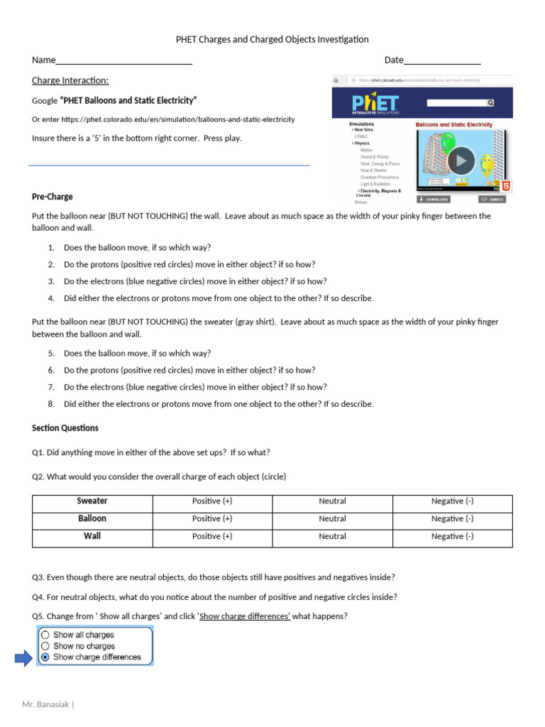 PHET Charging and Charged Object Investigation | PDF | Electron ...
