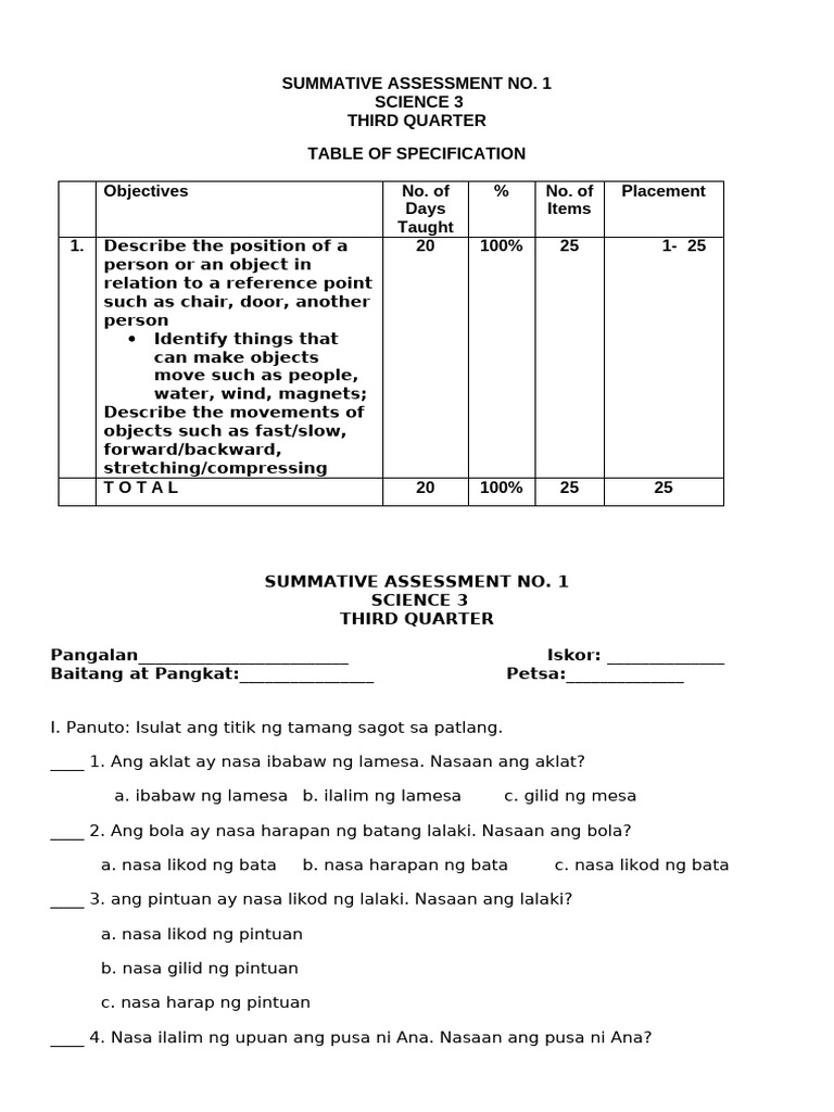 SUMMATIVE SCIENCE 3 3rd QUARTER No. 1 | PDF