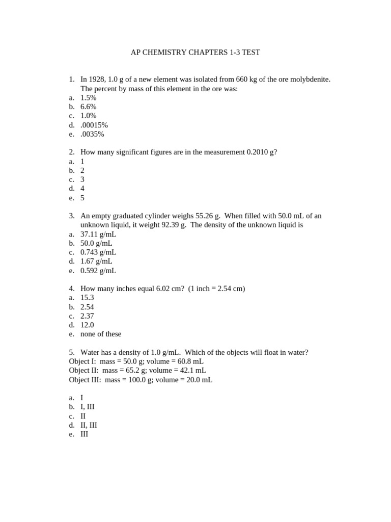 Ap Chemistry 1-3 Practice Test | PDF | Mole (Unit) | Atoms