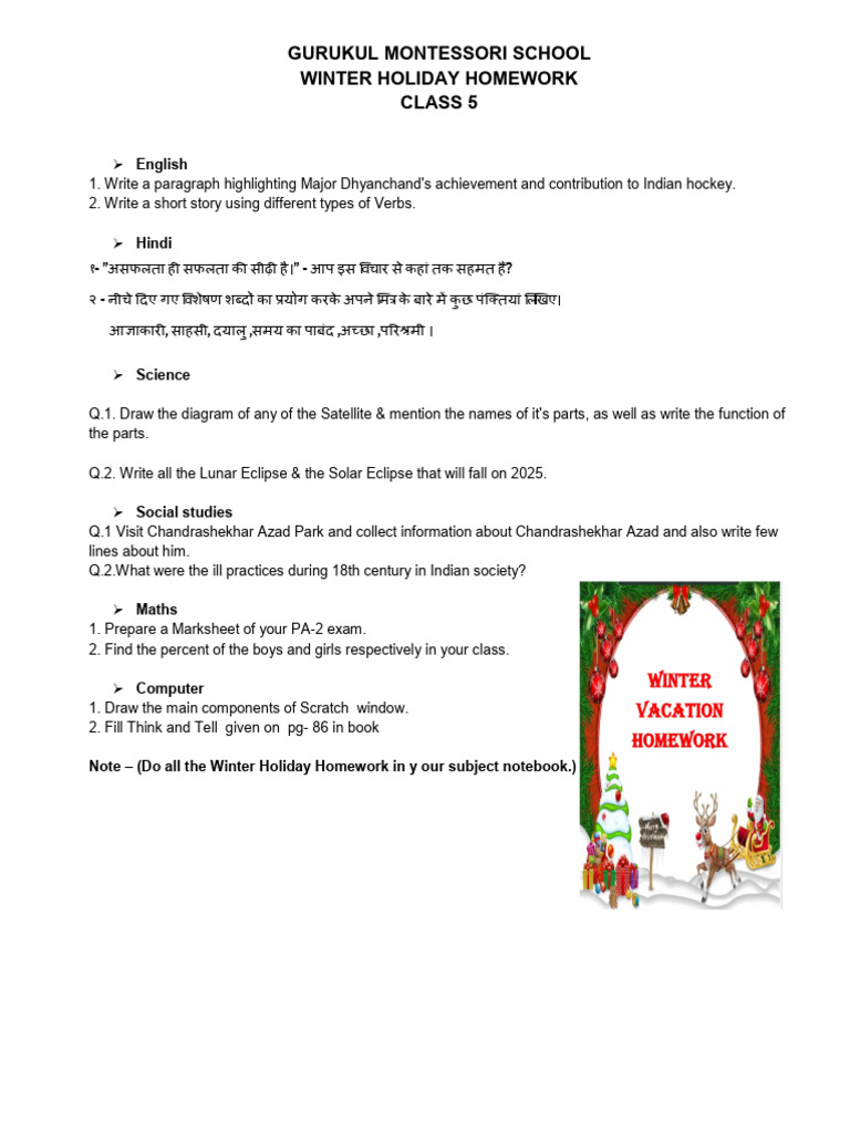 Class 5 Winter Holiday Homework | PDF