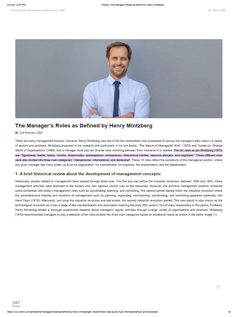 Mintzberg's Ten Managerial Roles Explained | PDF | Negotiation | Business
