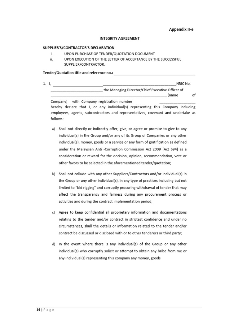Integrity Declaration - For Supplier and Contractor Upon Award | PDF ...