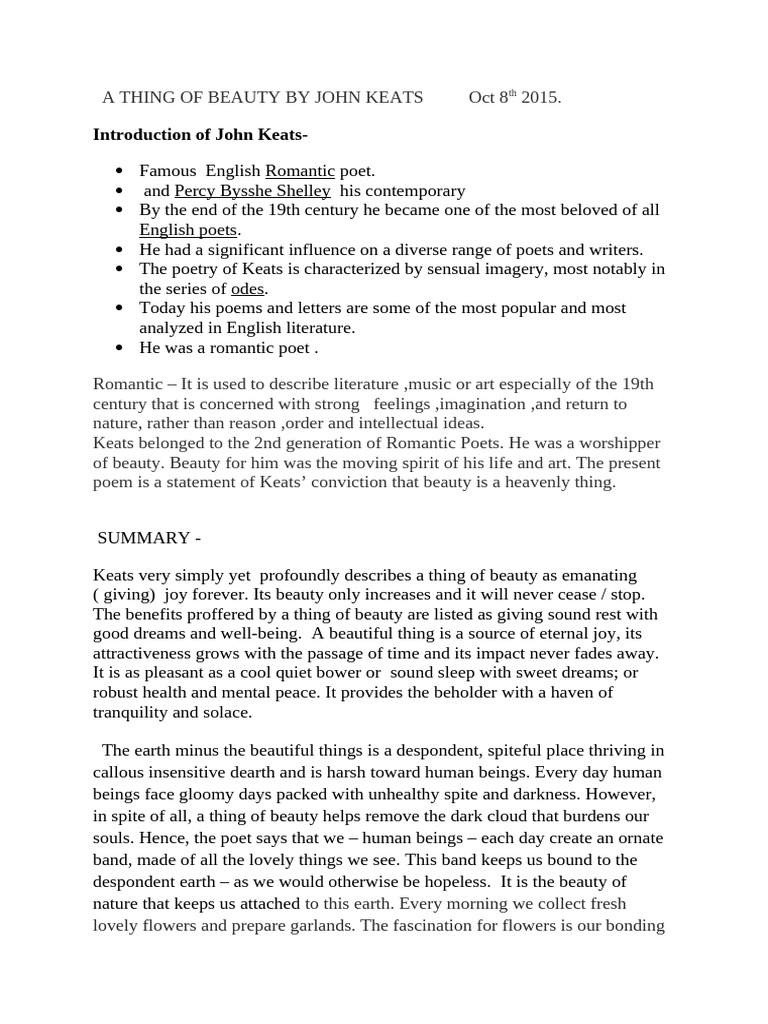 A Thing of Beauty | PDF | John Keats | Beauty