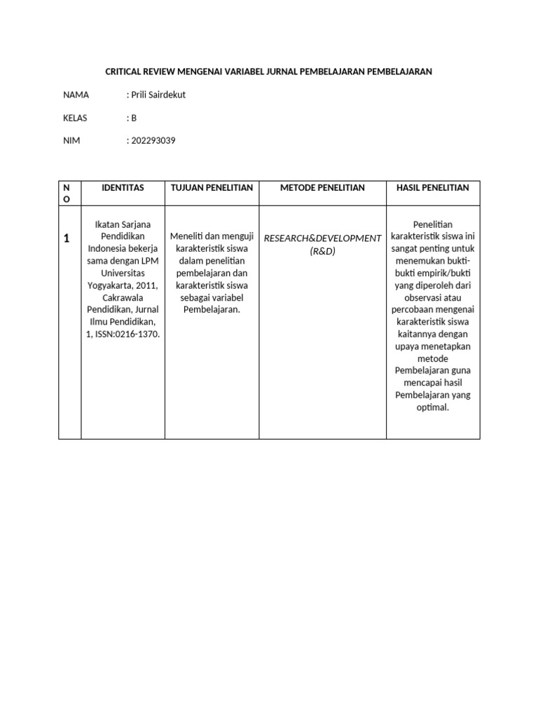 Critical Review Mengenai Variabel Jurnal Pembelajaran Pembelajaran (Prili) | PDF