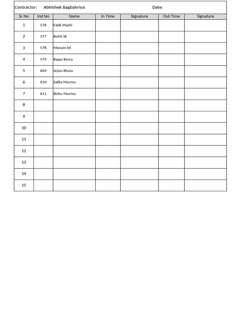 Contractor Attendance Log | PDF