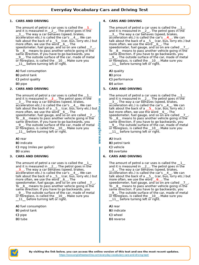 Everyday Vocabulary: Cars & Driving Test | PDF | Car | Fuel Economy In ...