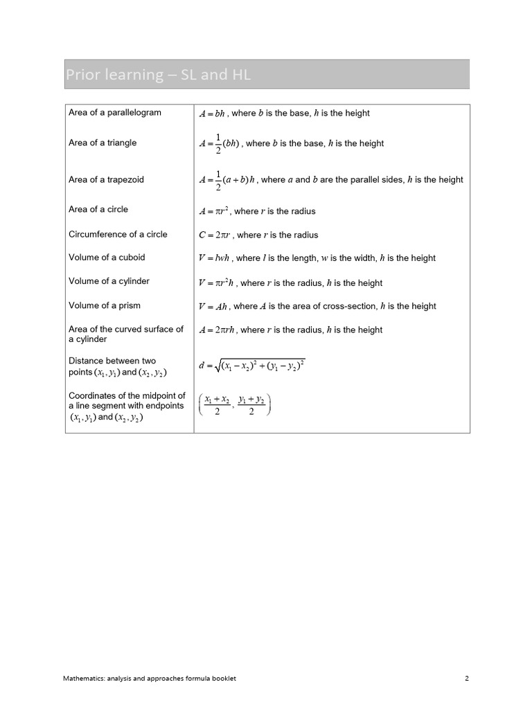 Math AA - SL Formula Booklet - 12 Ps | PDF | Area | Variance