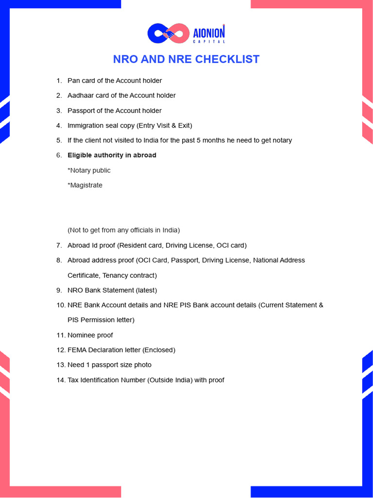 NRI Account Documentation Checklist | PDF
