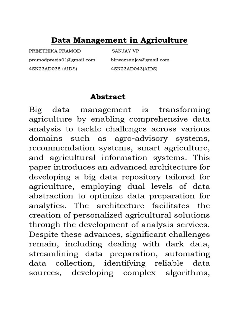 Data Management in Agriculture by Preethika and Sanjay | PDF | Big Data ...