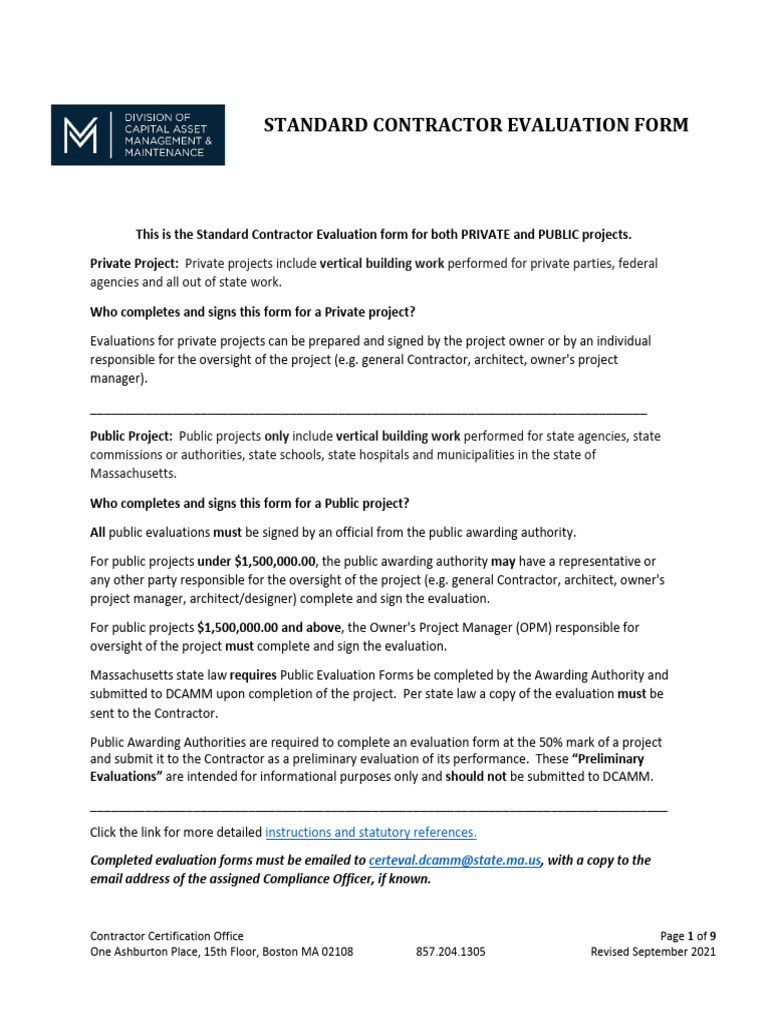 STANDARD CONTRACTOR EVALUATION FORM FINAL 092021 Blank | PDF | General ...