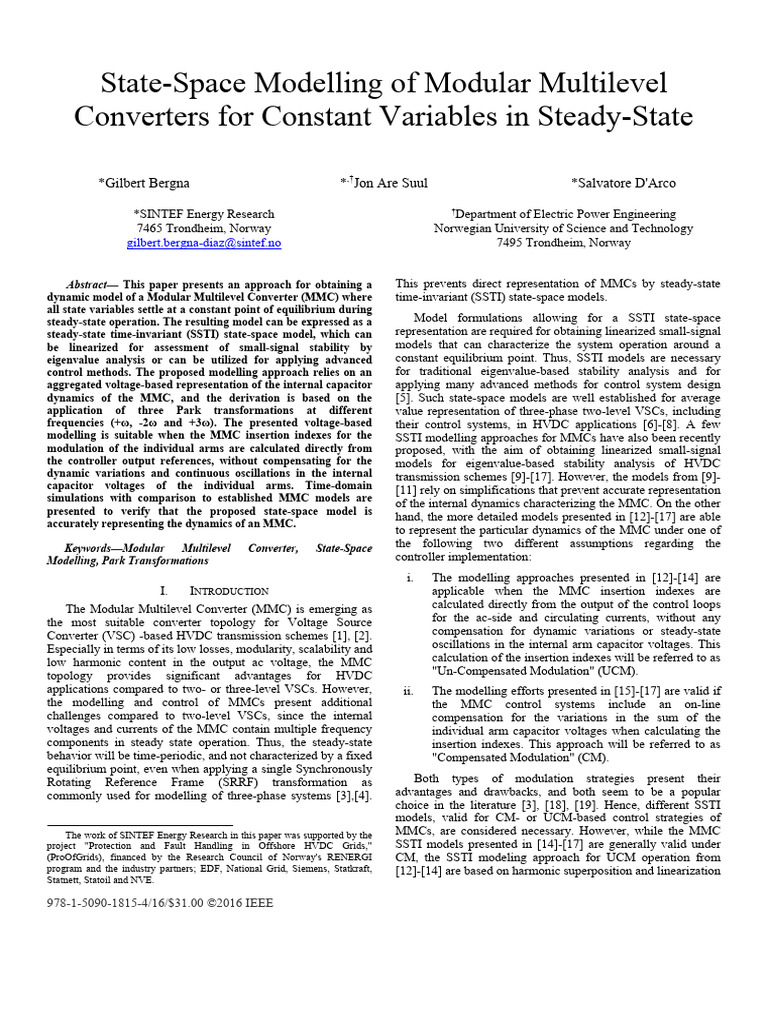 State Space Modelling Of Modular Multilevel Converters For Constant