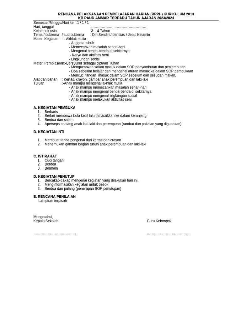 RPPH KB-B SMT1 Minggu - 01 - Identitas Diri PAUD KB AMMAR | PDF