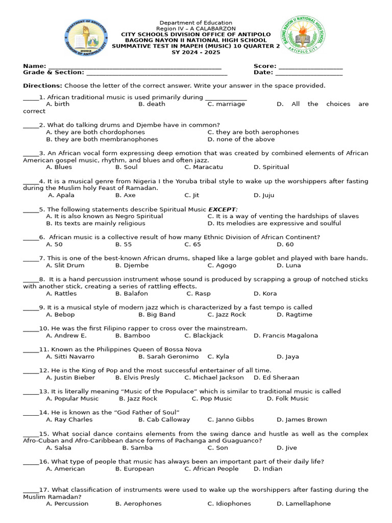 MAPEH 10 Music Summative Test Q2 | PDF