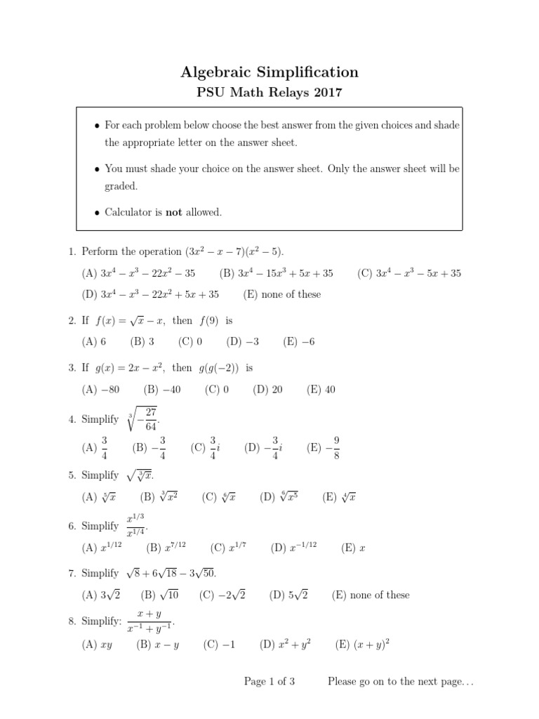 2017 Algebra Simplifications | PDF | Mathematics
