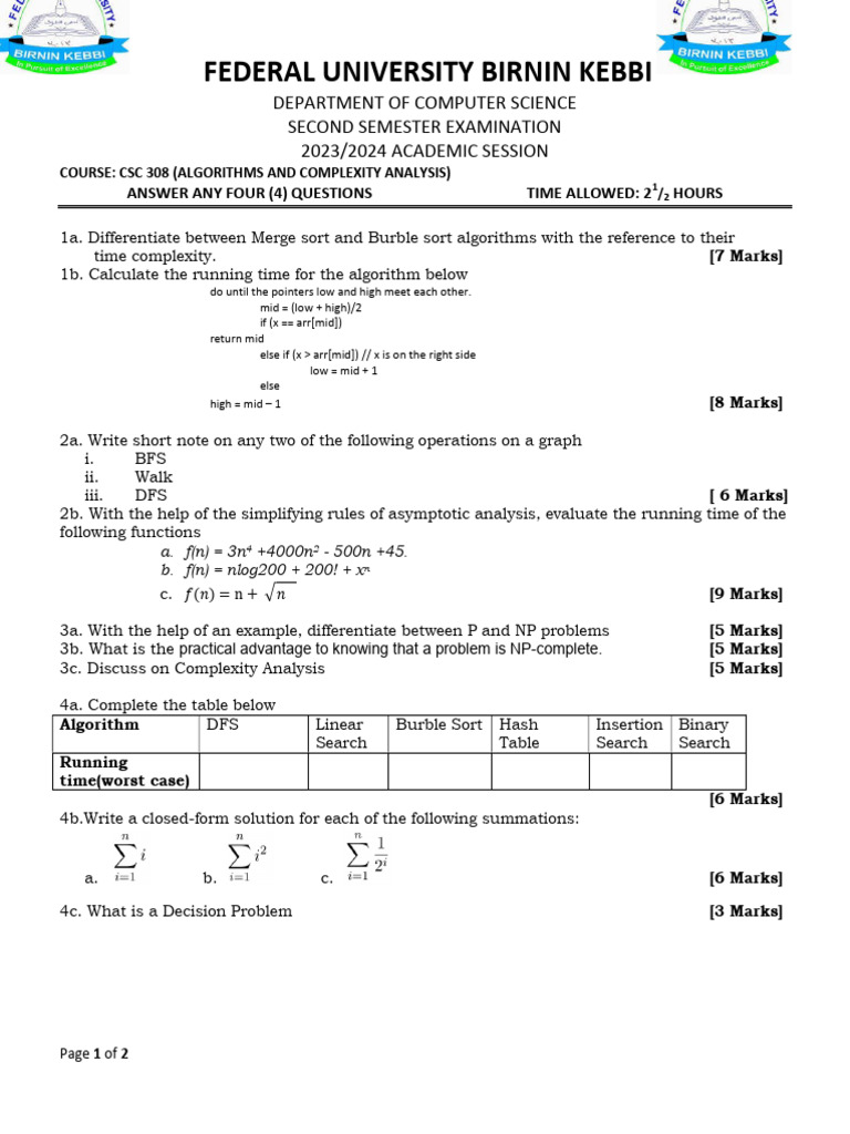 CSC 308 Exam 2024 | PDF | Computational Complexity Theory | Time Complexity
