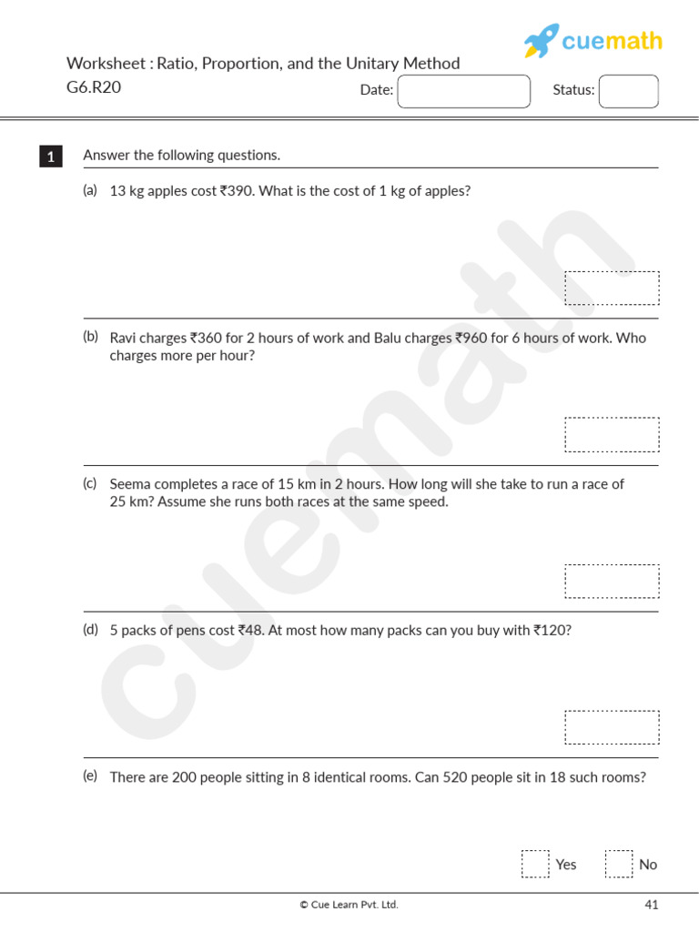 Class 6 Maths Worksheet Ratio and Proportion | PDF