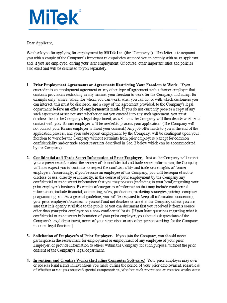 MiTek+Applicant+Letter | PDF | Trade Secret | Employment